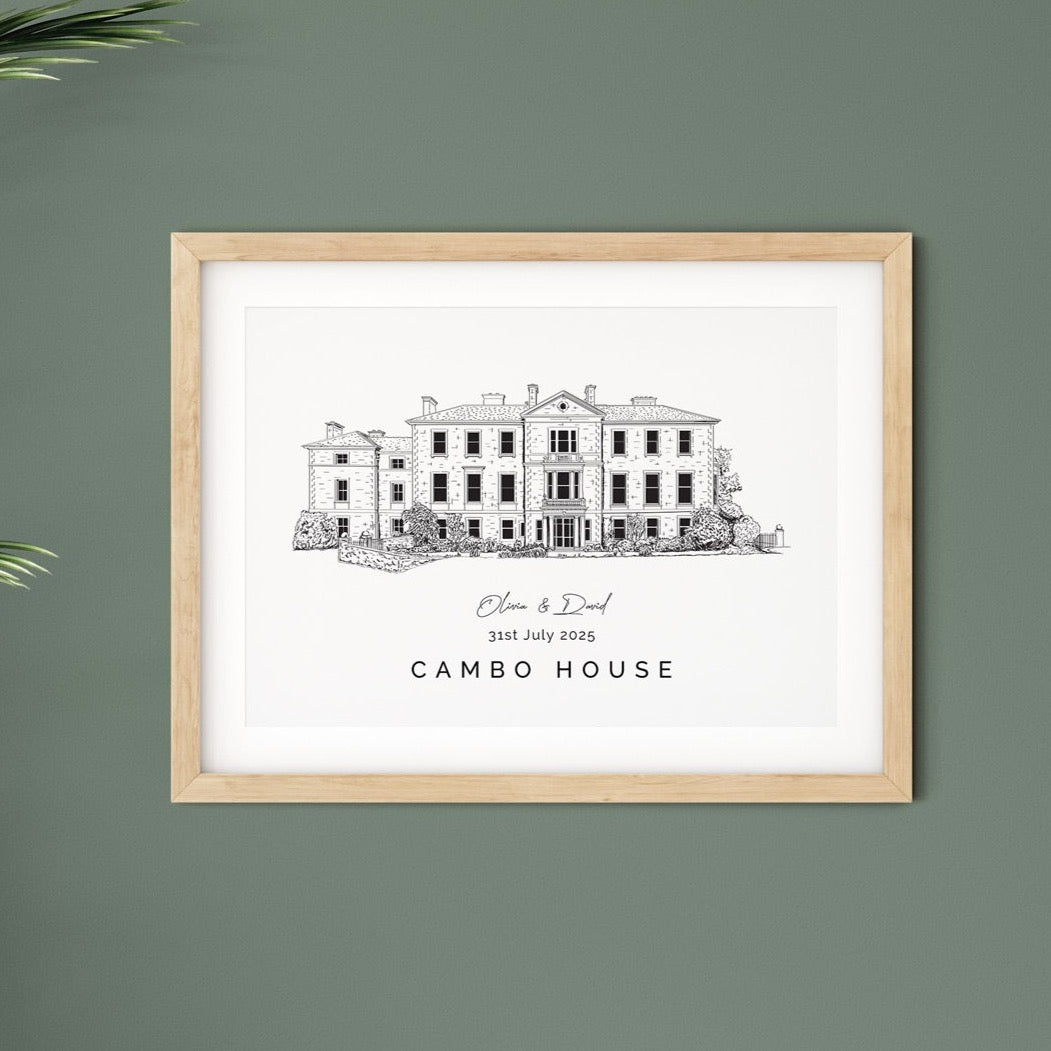 Cambo House, Personalised Wedding Venue Illustration Print.