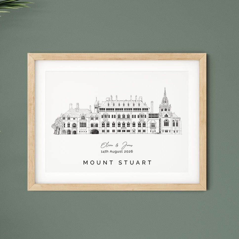 Mount Stuart, Personalised Wedding Venue Illustration Print.