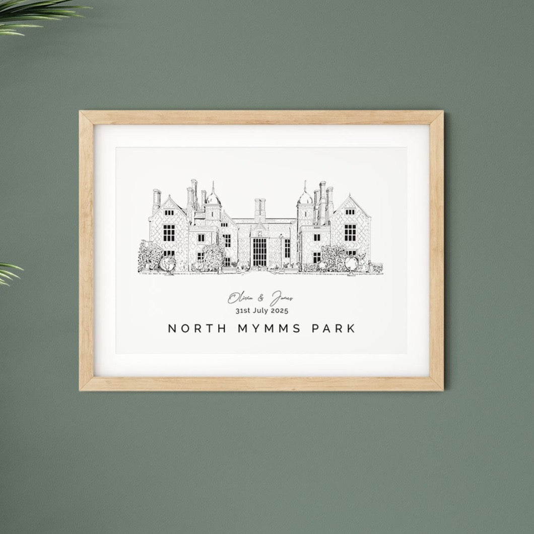North Mymms Park, Personalised Wedding Venue Illustration Print.