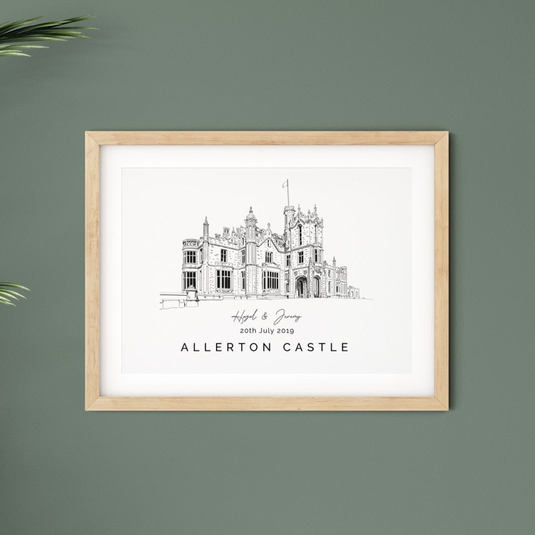 Allerton Castle, Personalised Wedding Venue Illustration Print.