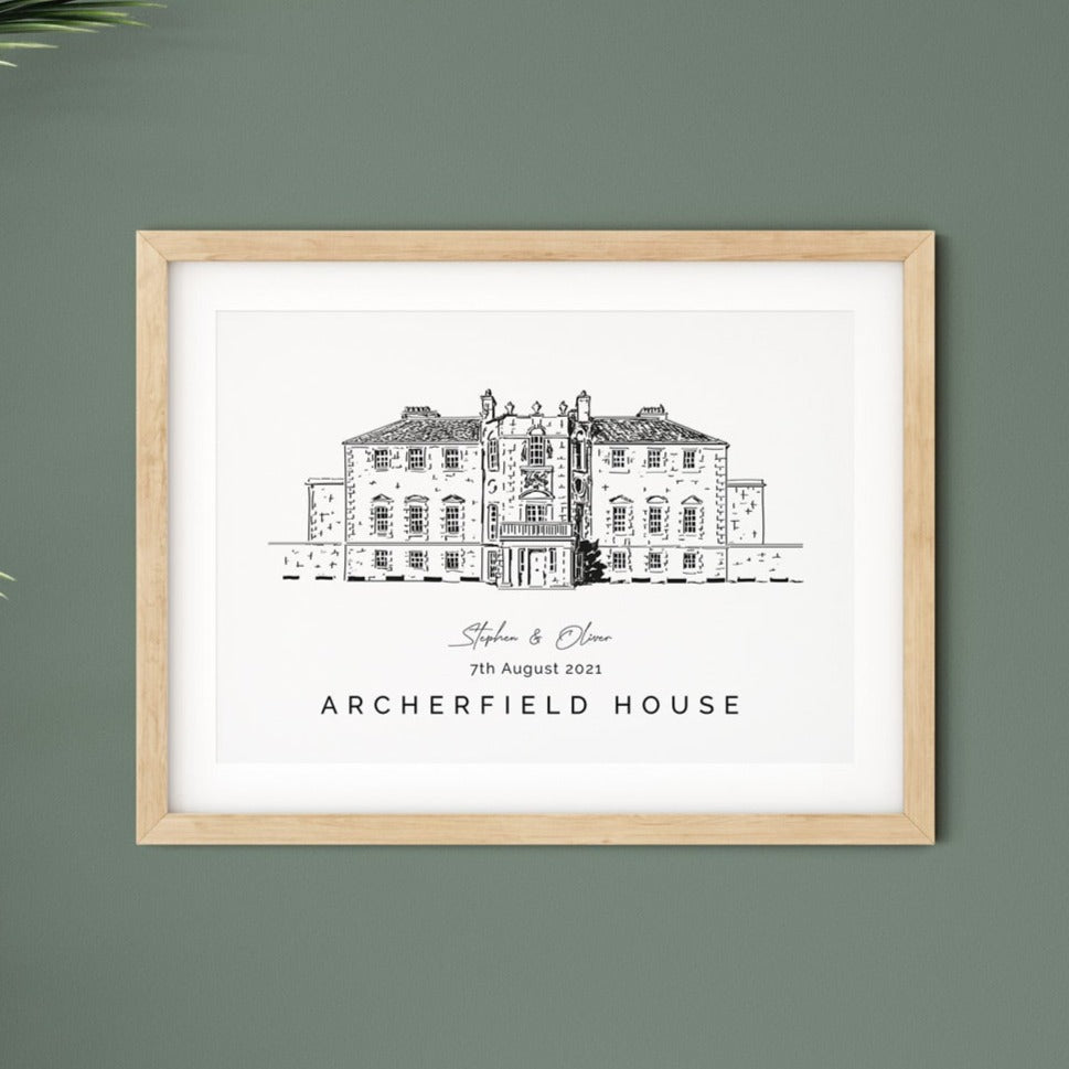 Archerfield House, Personalised Wedding Venue Illustration Print.
