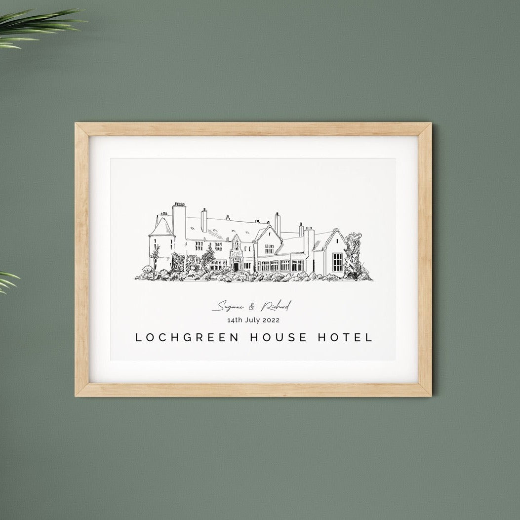 Lochgreen House Hotel, Personalised Wedding Venue Illustration Print.