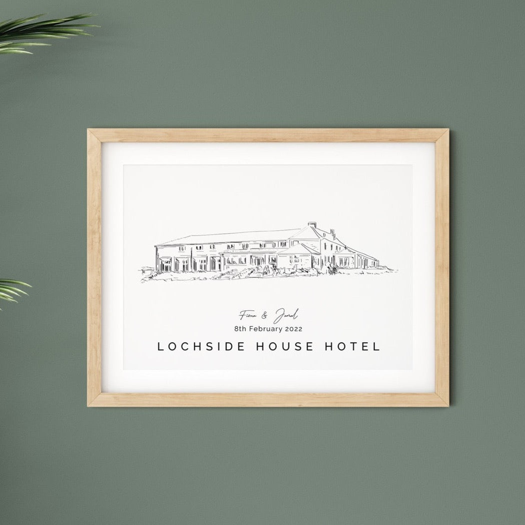 Lochside House Hotel, Personalised Wedding Venue Illustration Print.