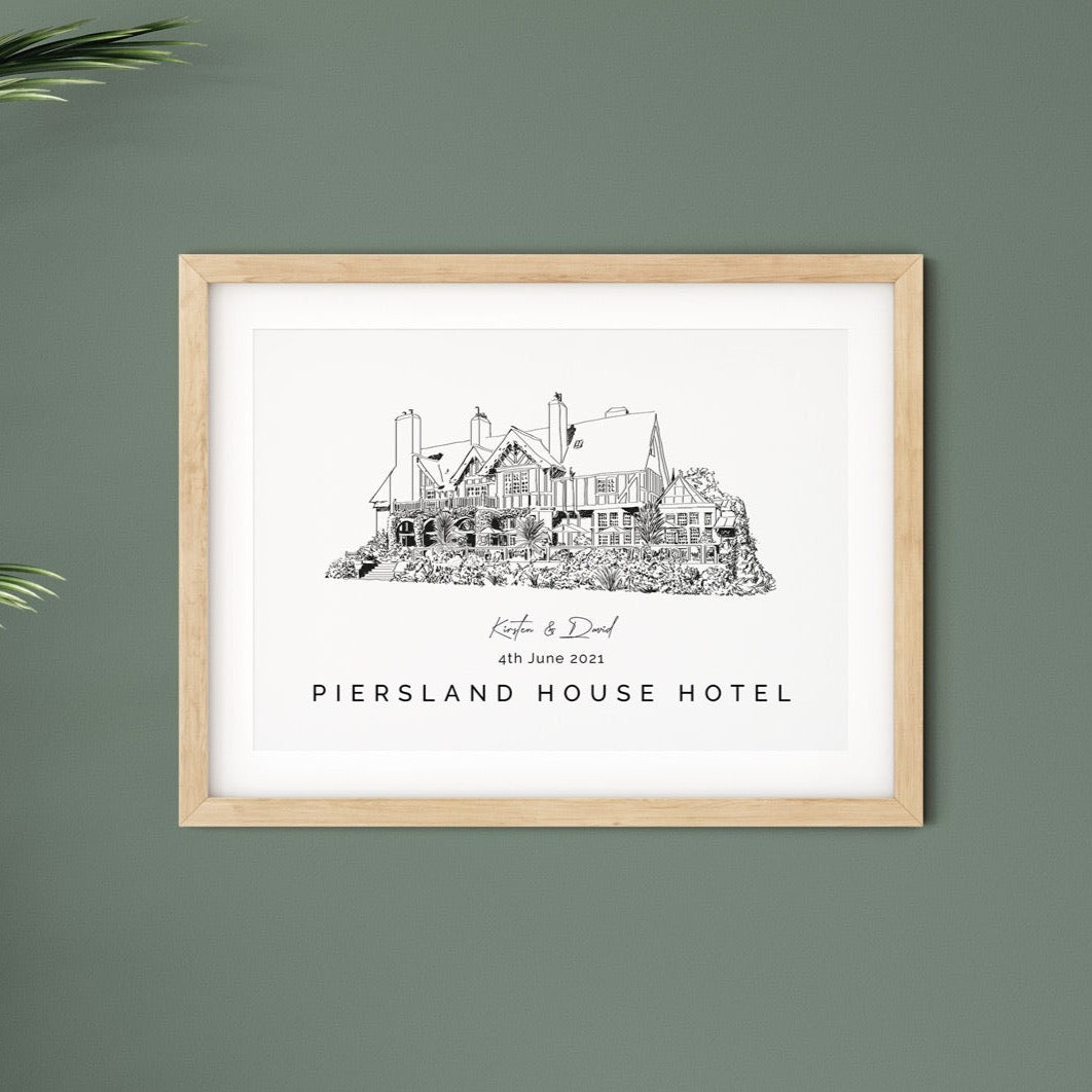 Piersland House Hotel, Personalised Wedding Venue Illustration Print.