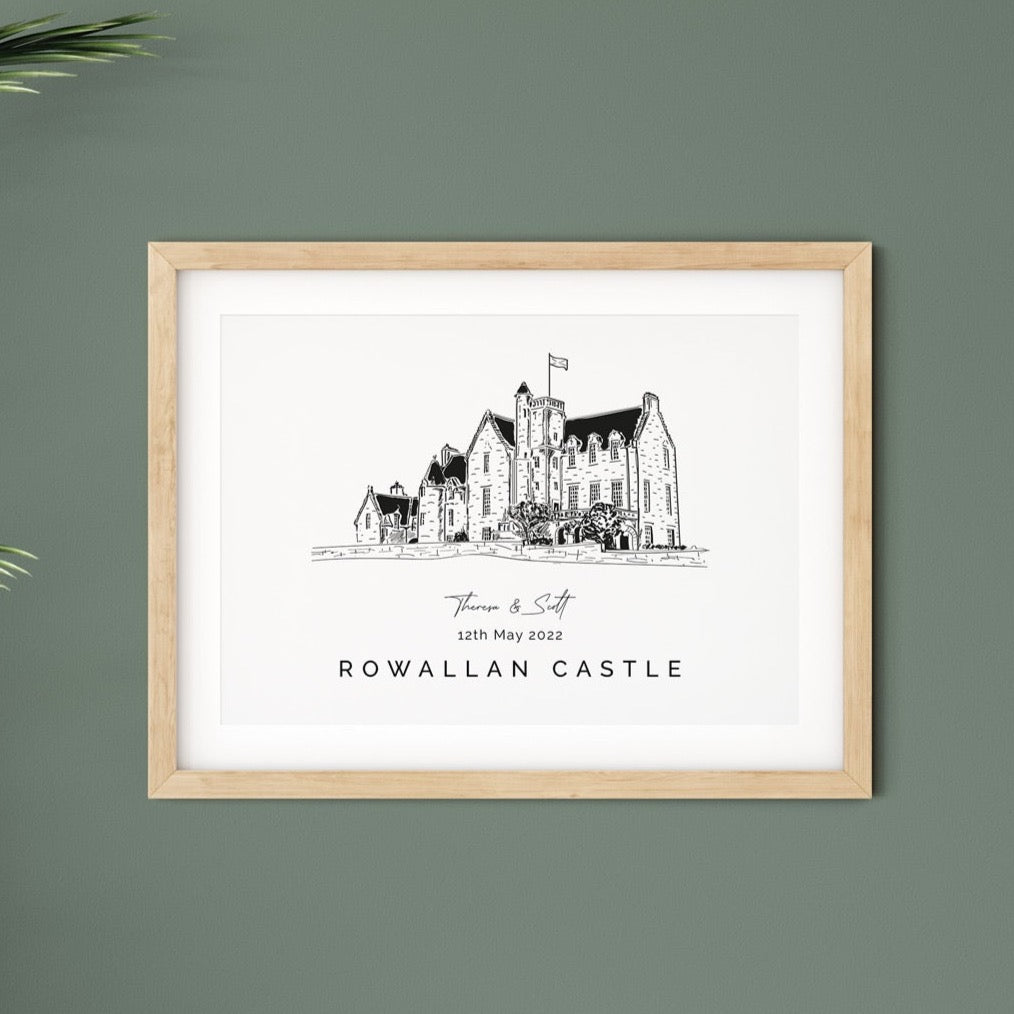 Rowallan Castle, Personalised Wedding Venue Illustration Print.