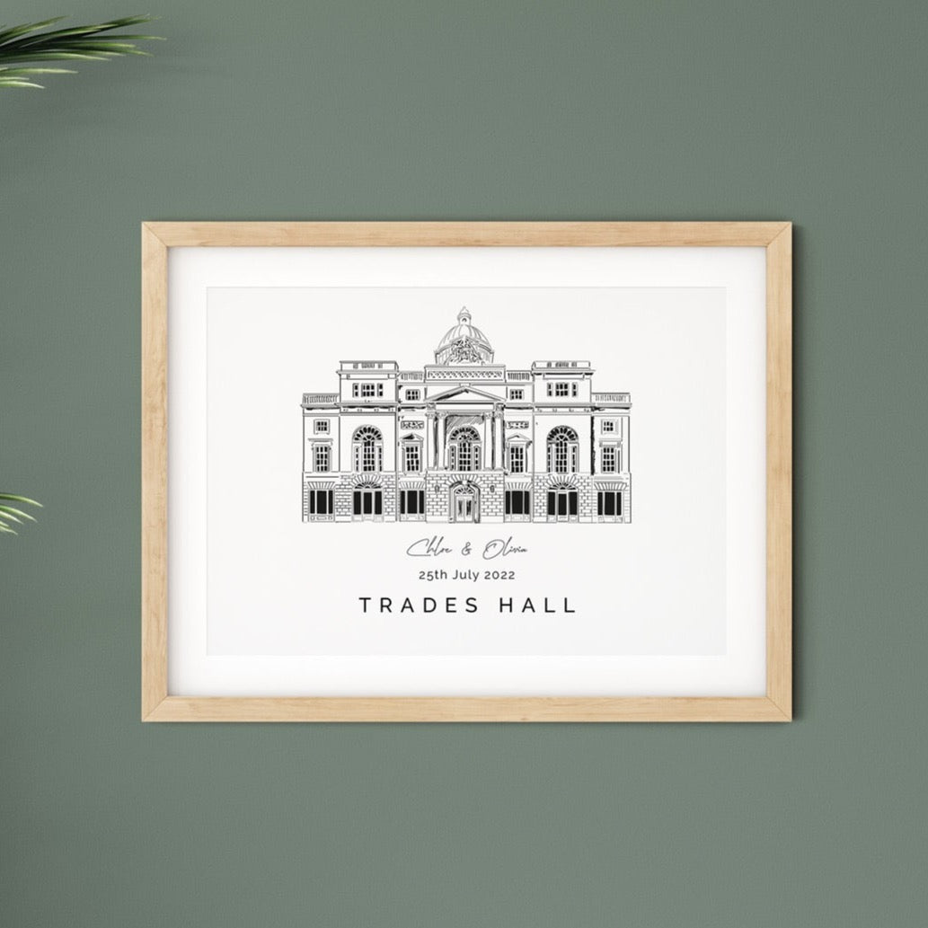 The Trades Hall, Personalised Wedding Venue Illustration Print.